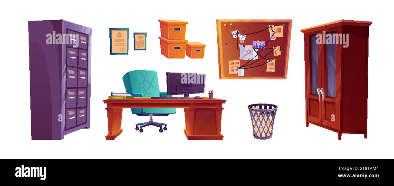 Retro detective office furniture set isolated on white background ...