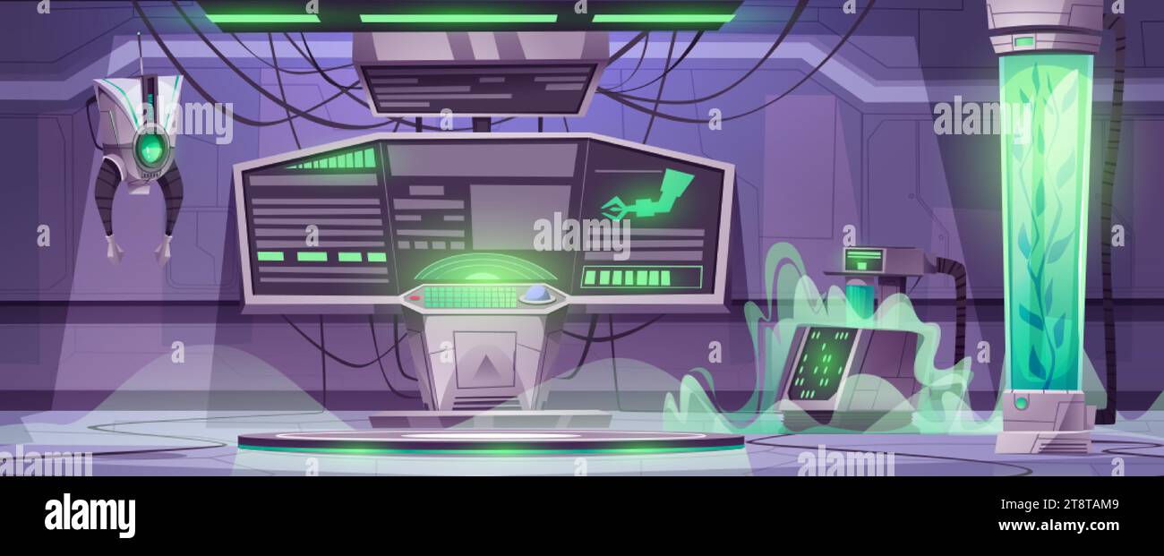 Cartoon scientific laboratory on spaceship interior with equipment and ...