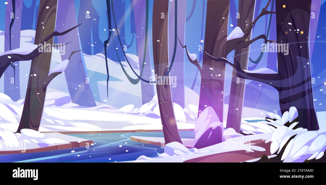 Winter forest river and snowy hills. Vector cartoon illustration of ...