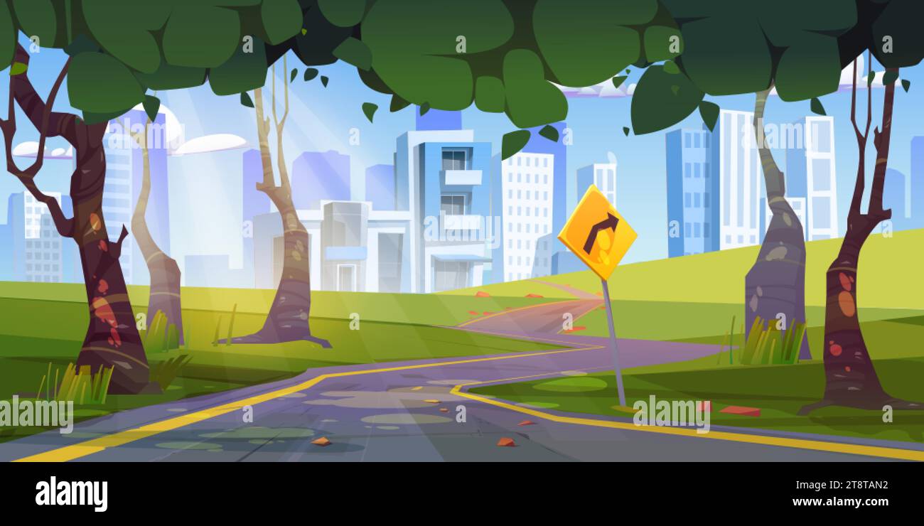 Summer forest highway to modern city. Vector cartoon illustration of ...