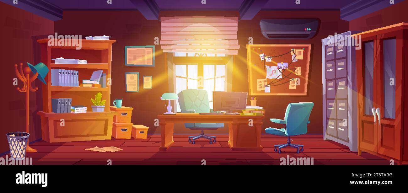 Messy detective office interior. Vector cartoon illustration of police ...