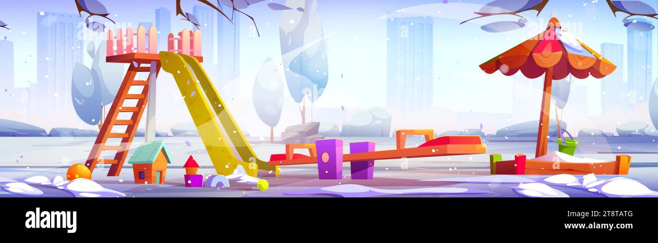 Playground in winter with sandbox and toys, seesaw swing and a children ...