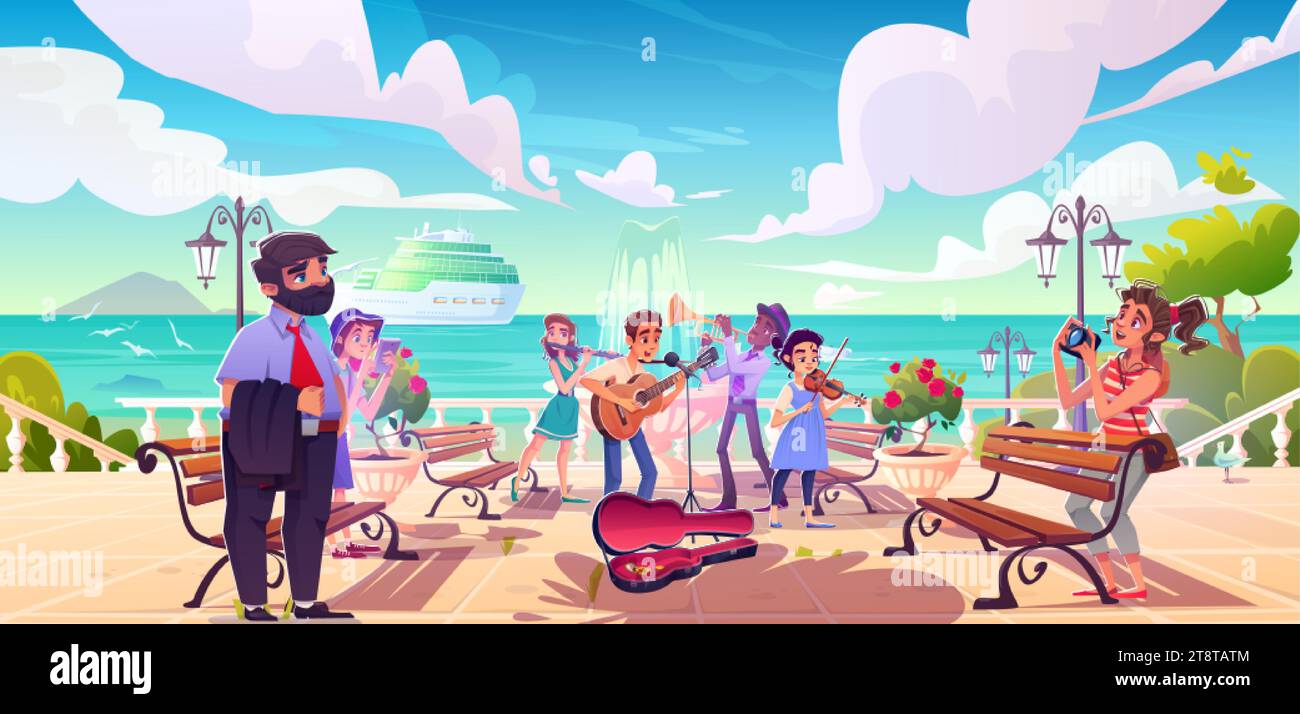 Street musician band playing musical instruments and singing in city ...