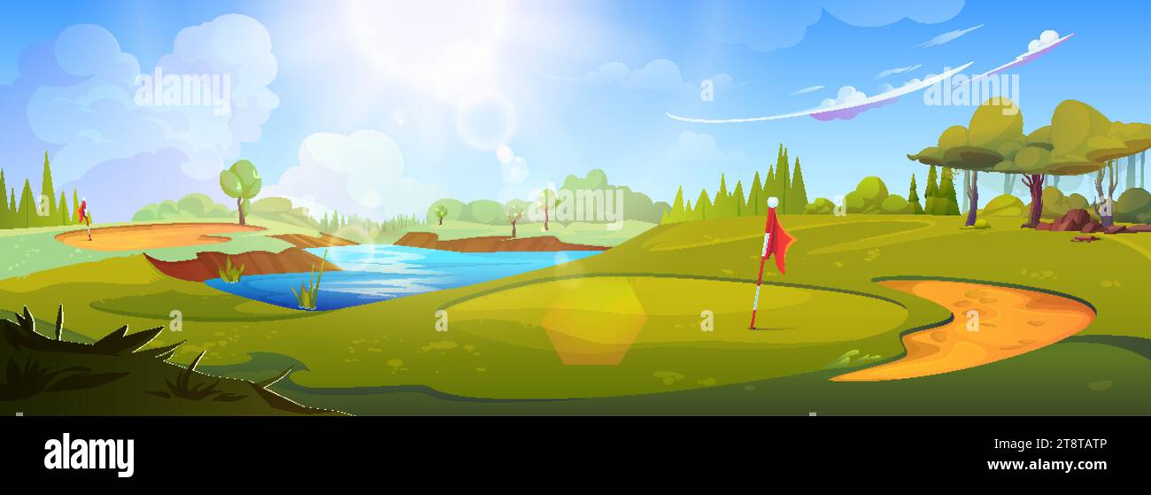 Golf course field green landscape scene background. Flag in summer club ...