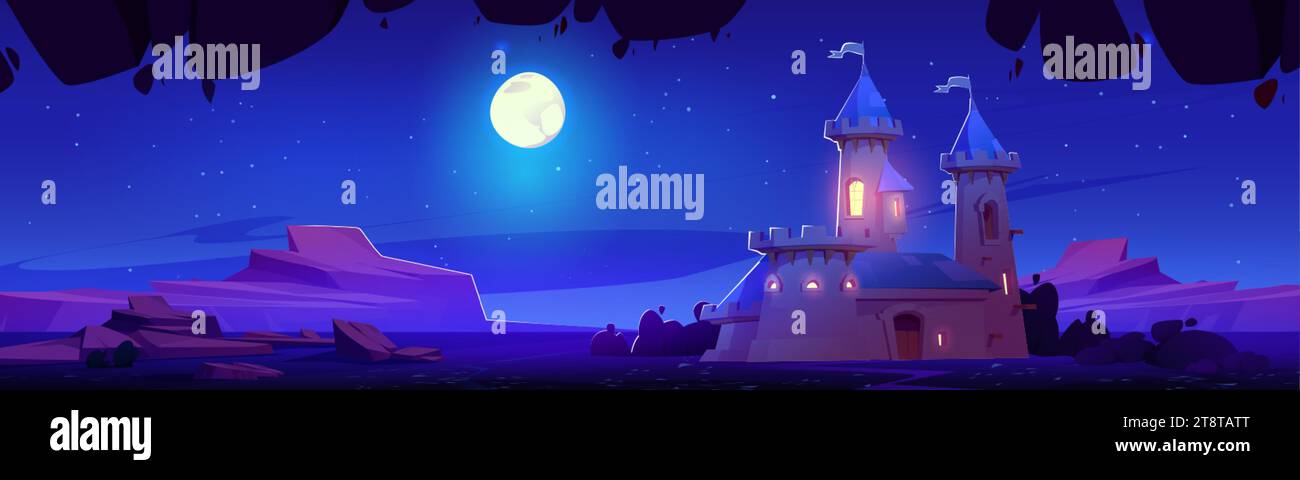 Night castle against mountain valley landscape. Vector cartoon ...