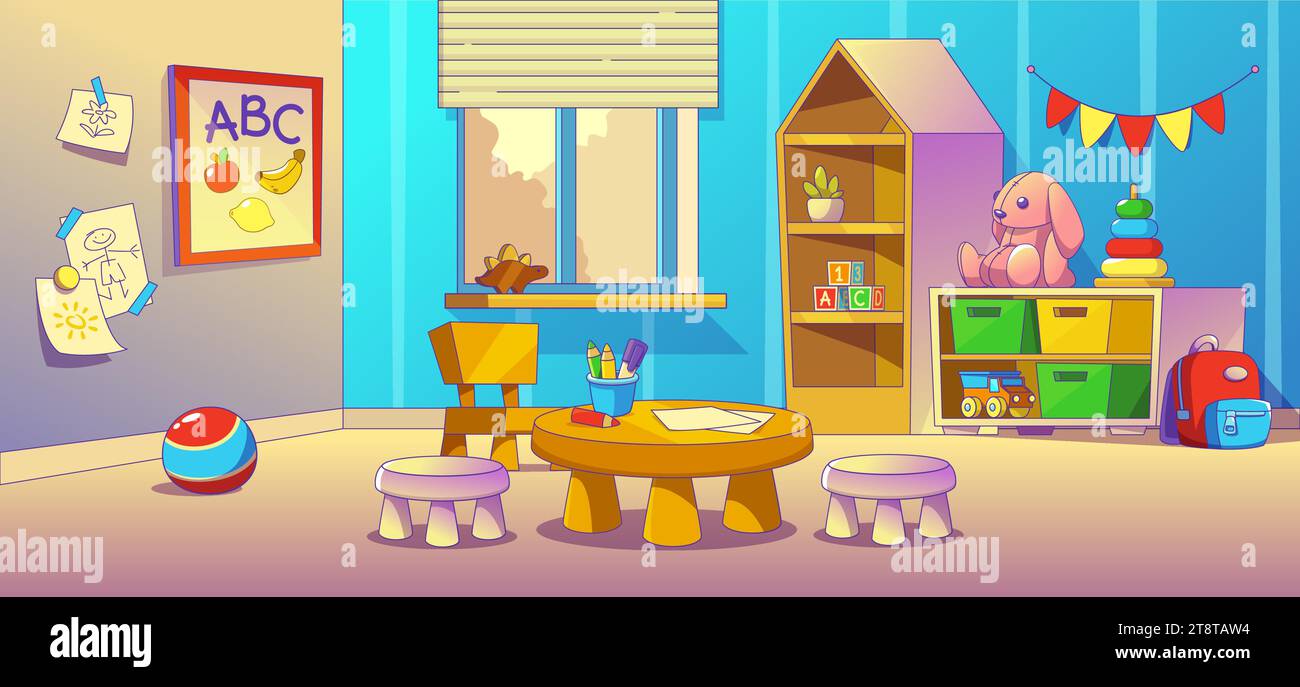 Kindergarten nursery room for kid to play cartoon. School classroom and ...
