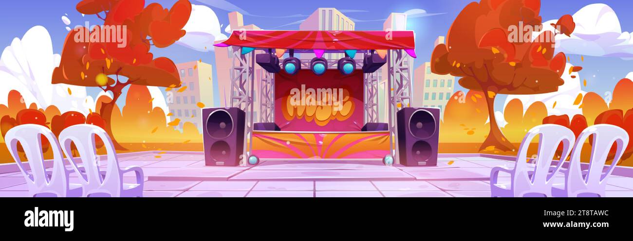 Music festival stage in autumn park. Vector cartoon illustration of ...