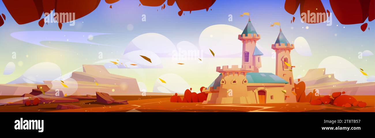 Autumn cartoon fairytale landscape with royal castle in meadow near ...