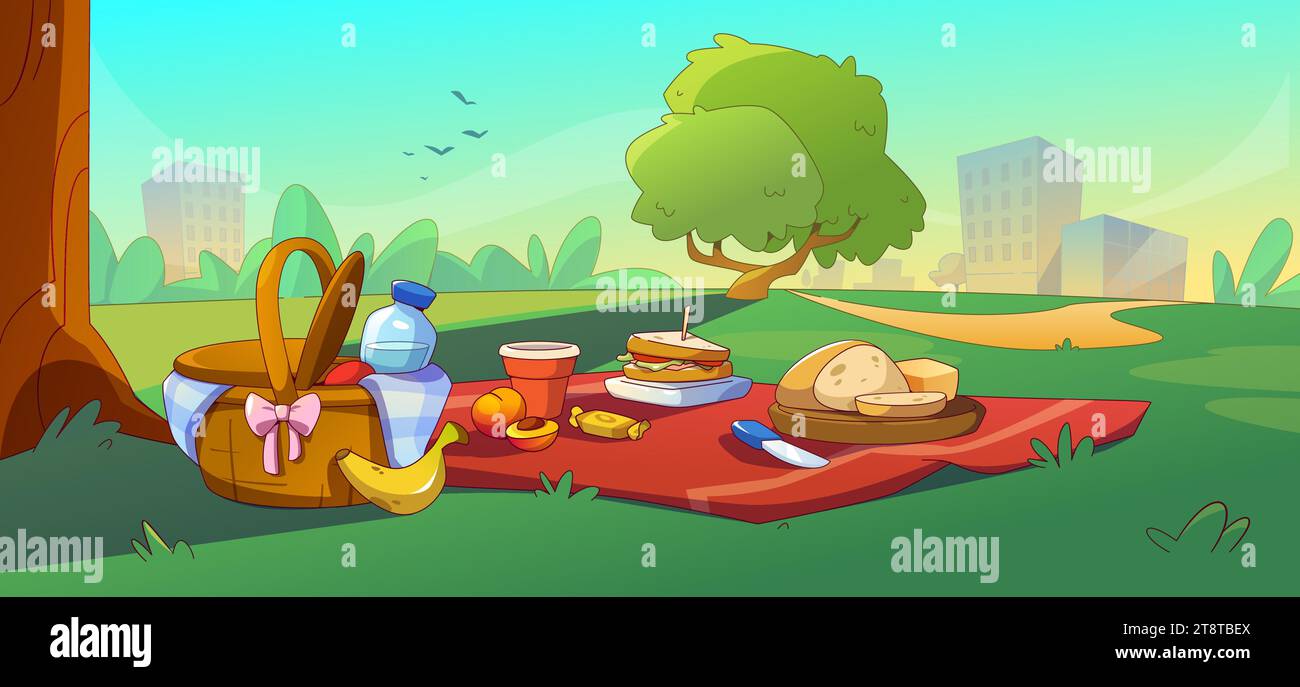 Picnic setup in city public park - sandwich, bread and fruit on blanket ...