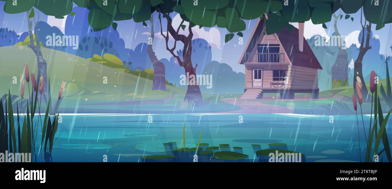 Cartoon panoramic forest landscape with wooden hut on shore of pond ...