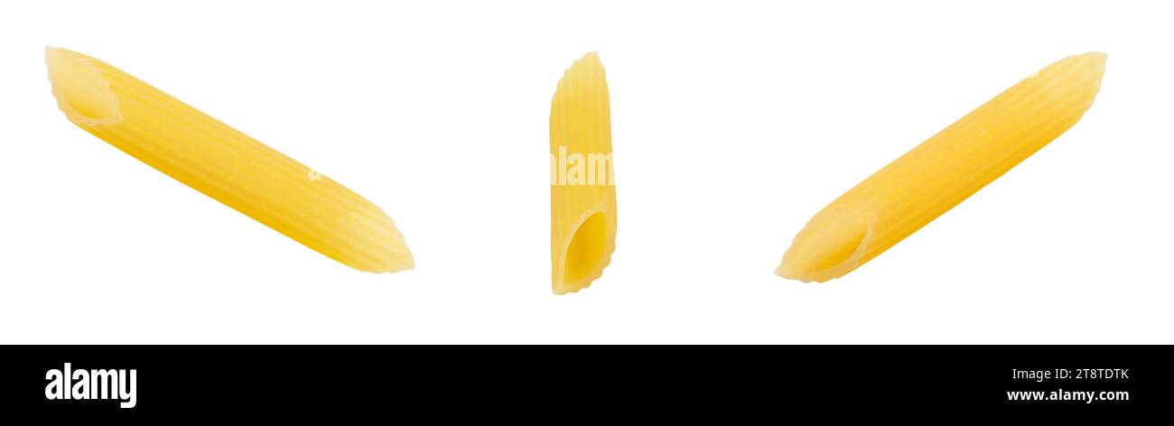 Penne Rigate raw pasta, three pieces isolated on white background ...