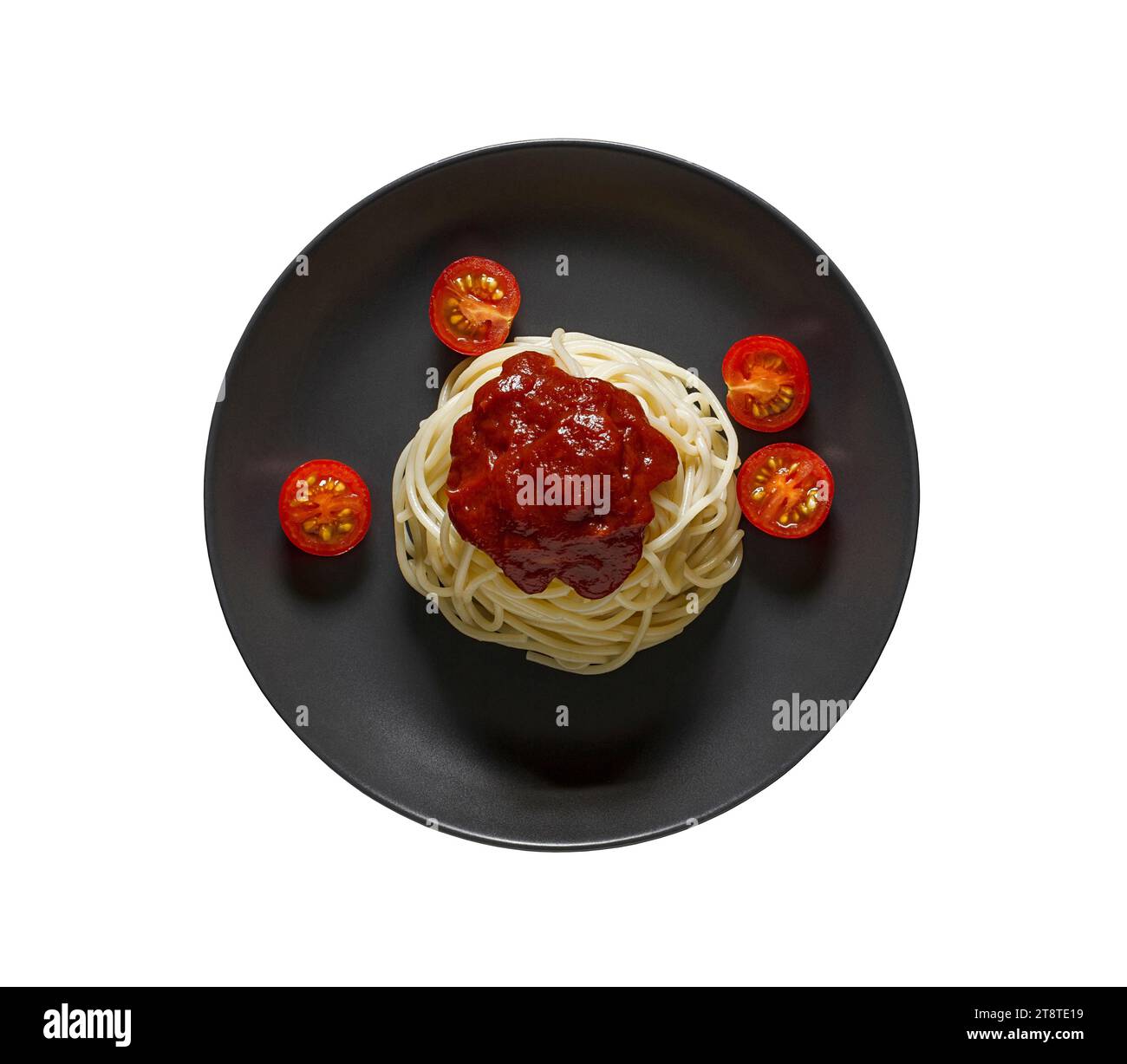 Pasta cooked from spaghetti with tomato sauce and tomatoes on gray ...