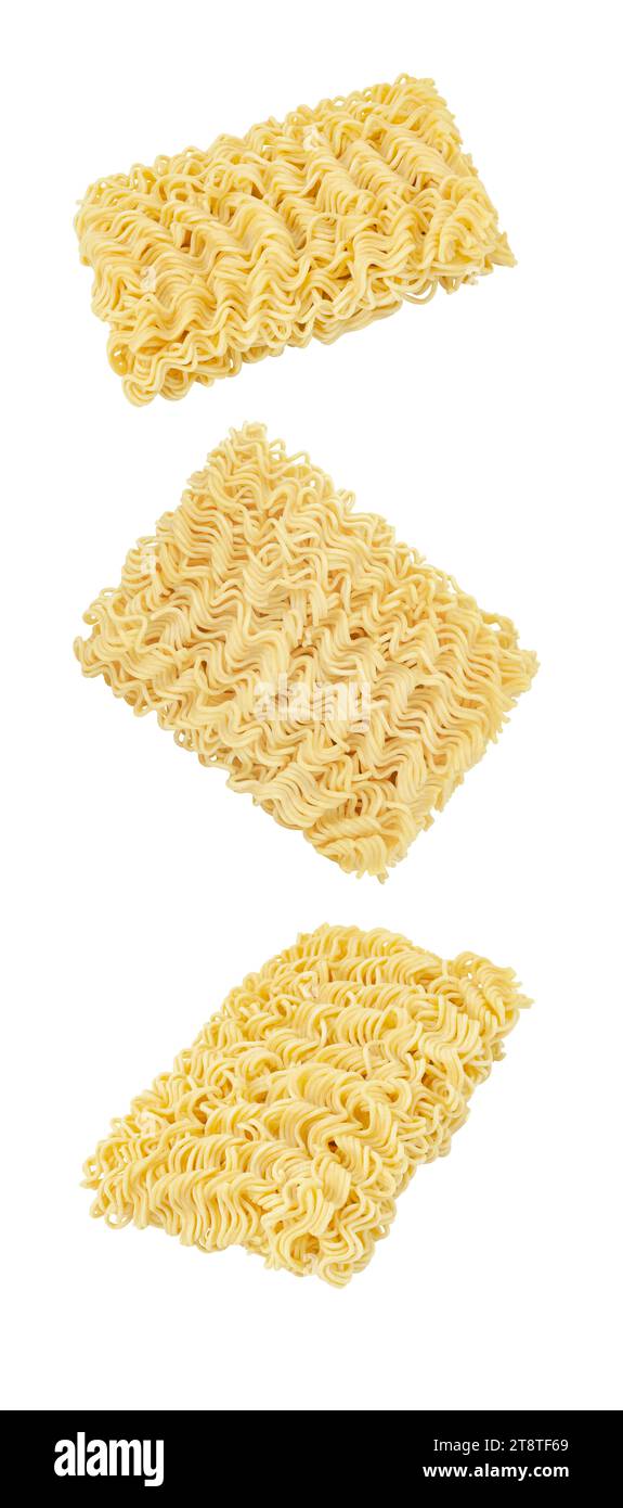 Instant noodles, raw briquettes, three pieces, isolated on white ...