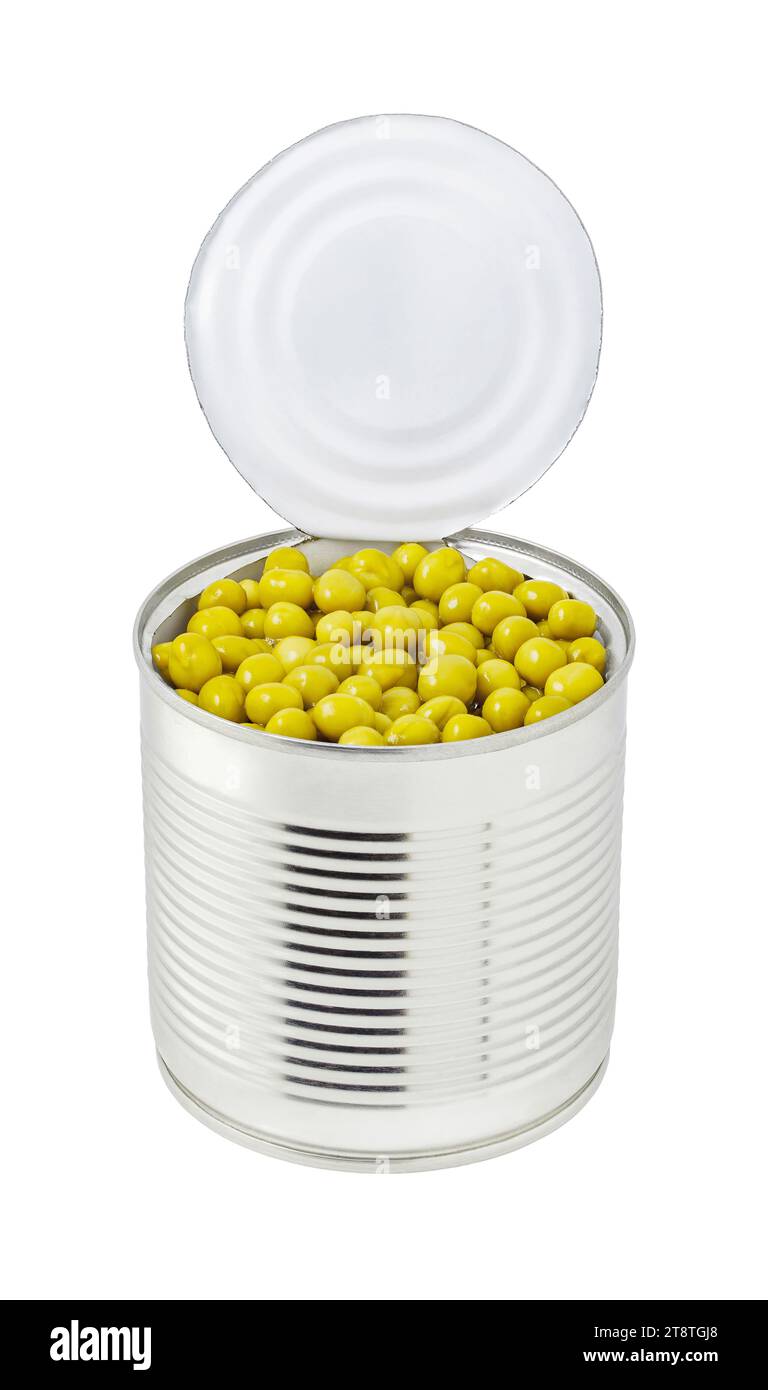 Tin can of canned food with green peas, with open lid, isolated on ...