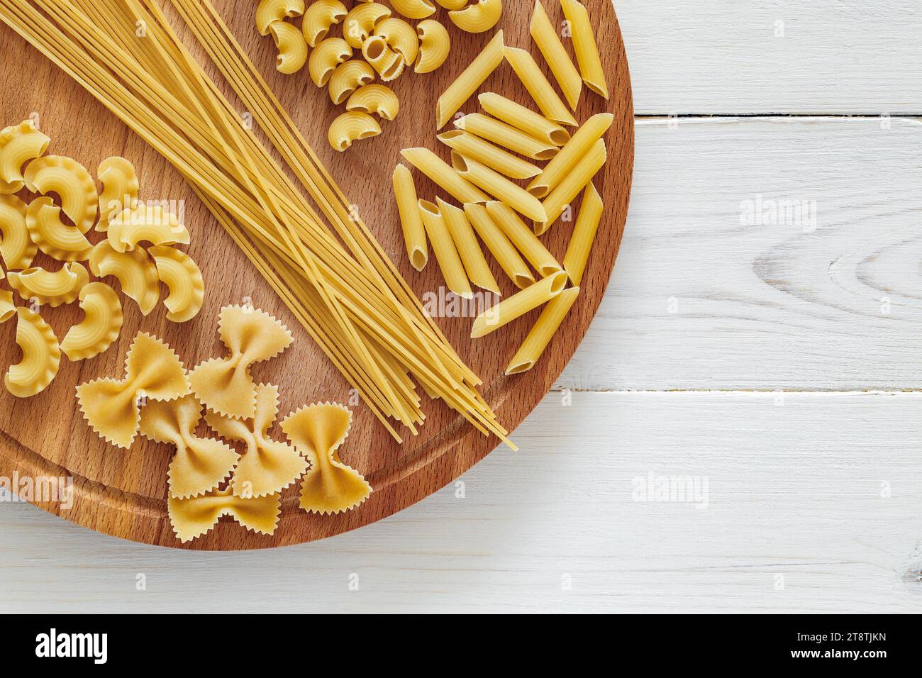 Pasta, mix of raw farfalle, spaghetti, pipe rigatoni, maccheroni, penne ...