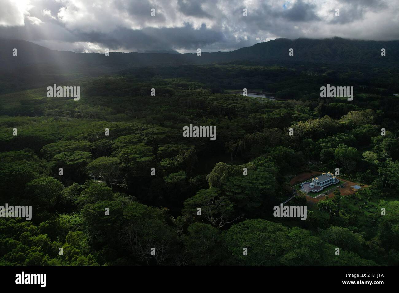 The sun shines down onto the Iraivan Temple surrounded by lush forest ...