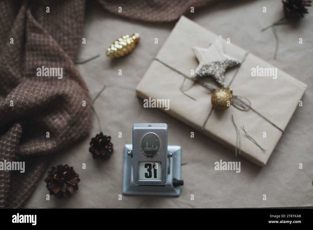 Christmas composition. New Year eve. December 31 on calendar on a craft ...
