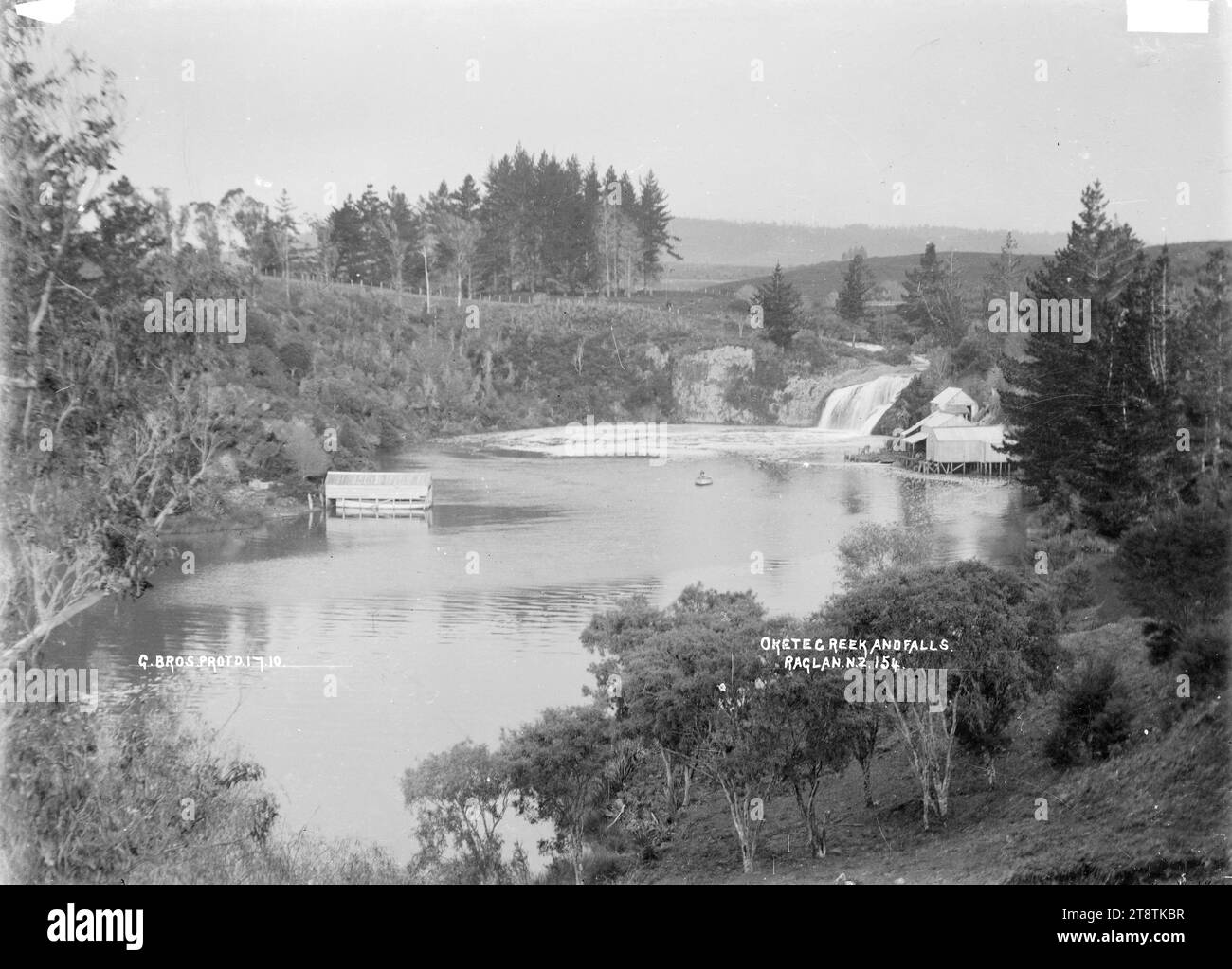 Okete Creek and Falls, Okete Creek and Falls, 1910. Wallis's Flax Mill ...