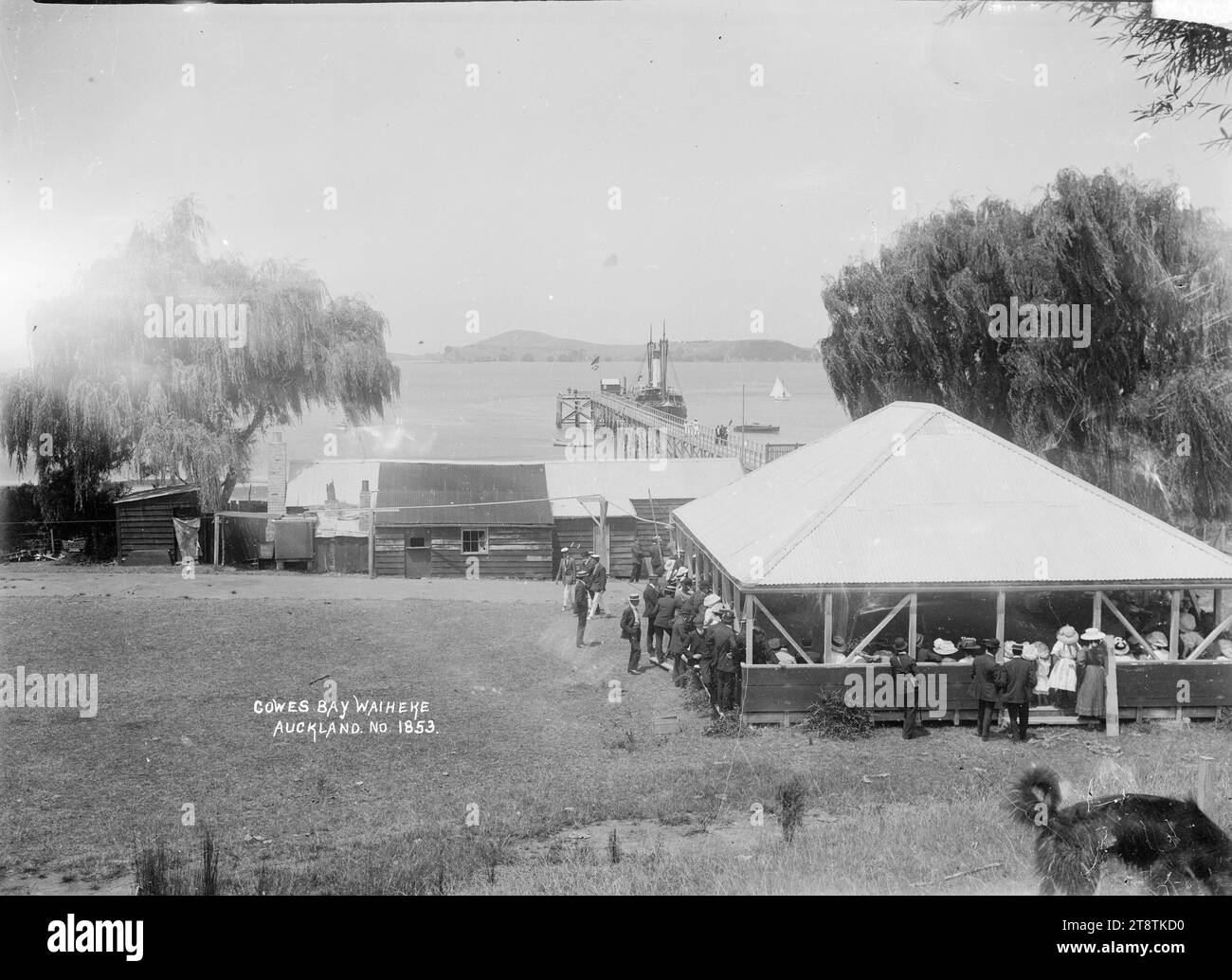 Wharf and pavilion at Cowes Bay, Waiheke Island, View of Cowes Bay ...