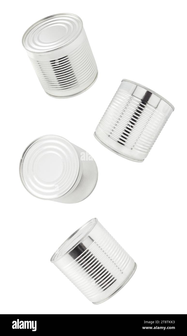 Tins cans, four pieces, food jar closed whole with stiffeners falling ...