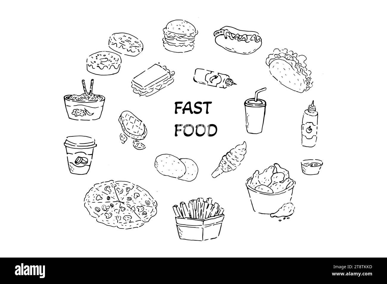 round background fast food set in sketch outline Stock Vector Image ...