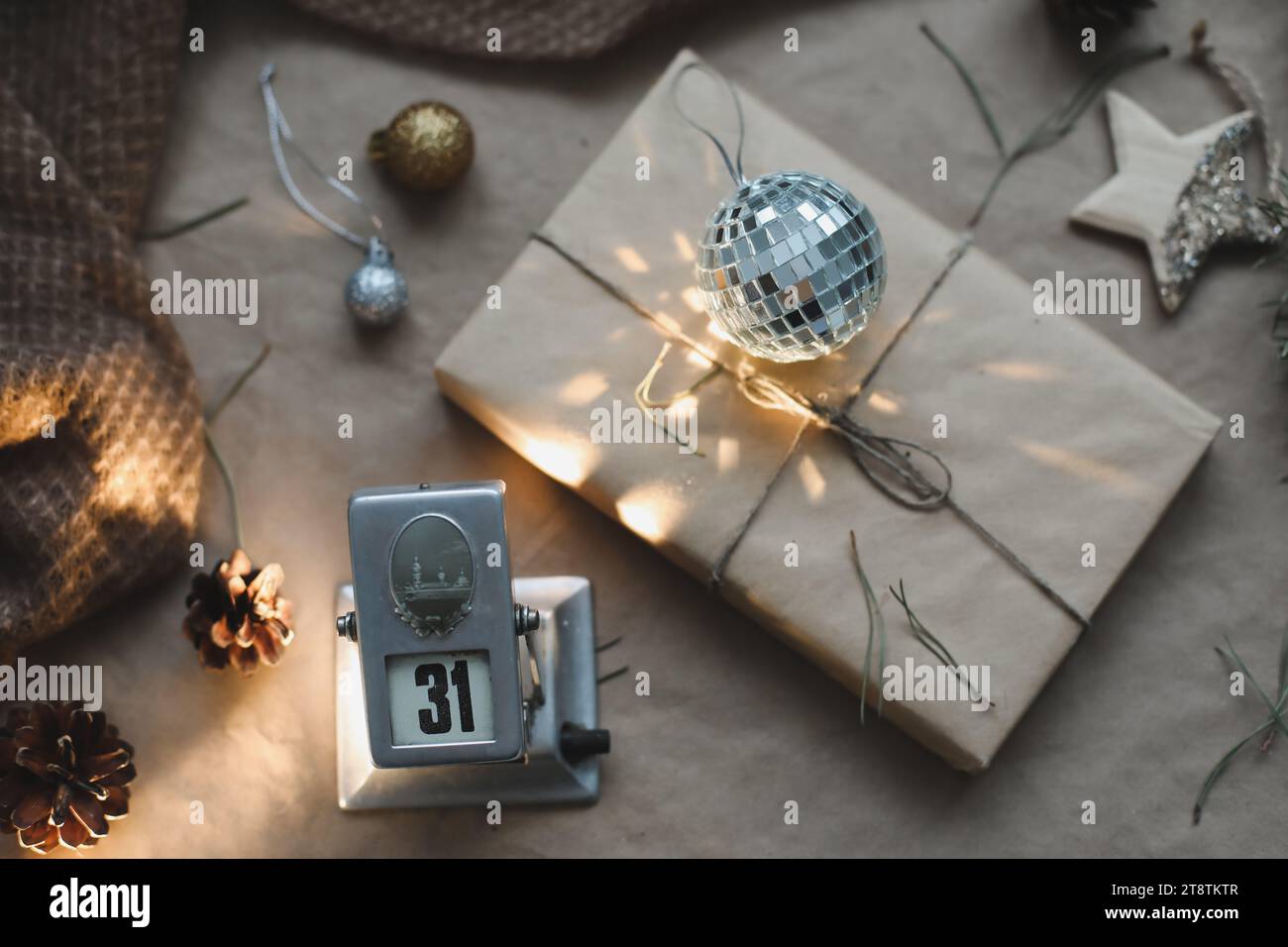 Christmas composition. New Year eve. December 31 on calendar on a craft ...