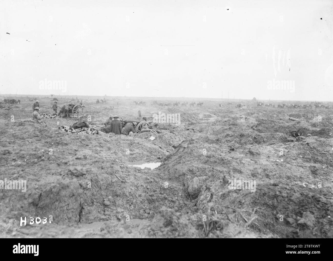 New Zealand artillery firing from shell-holes, Kansas Farm, Ypres ...