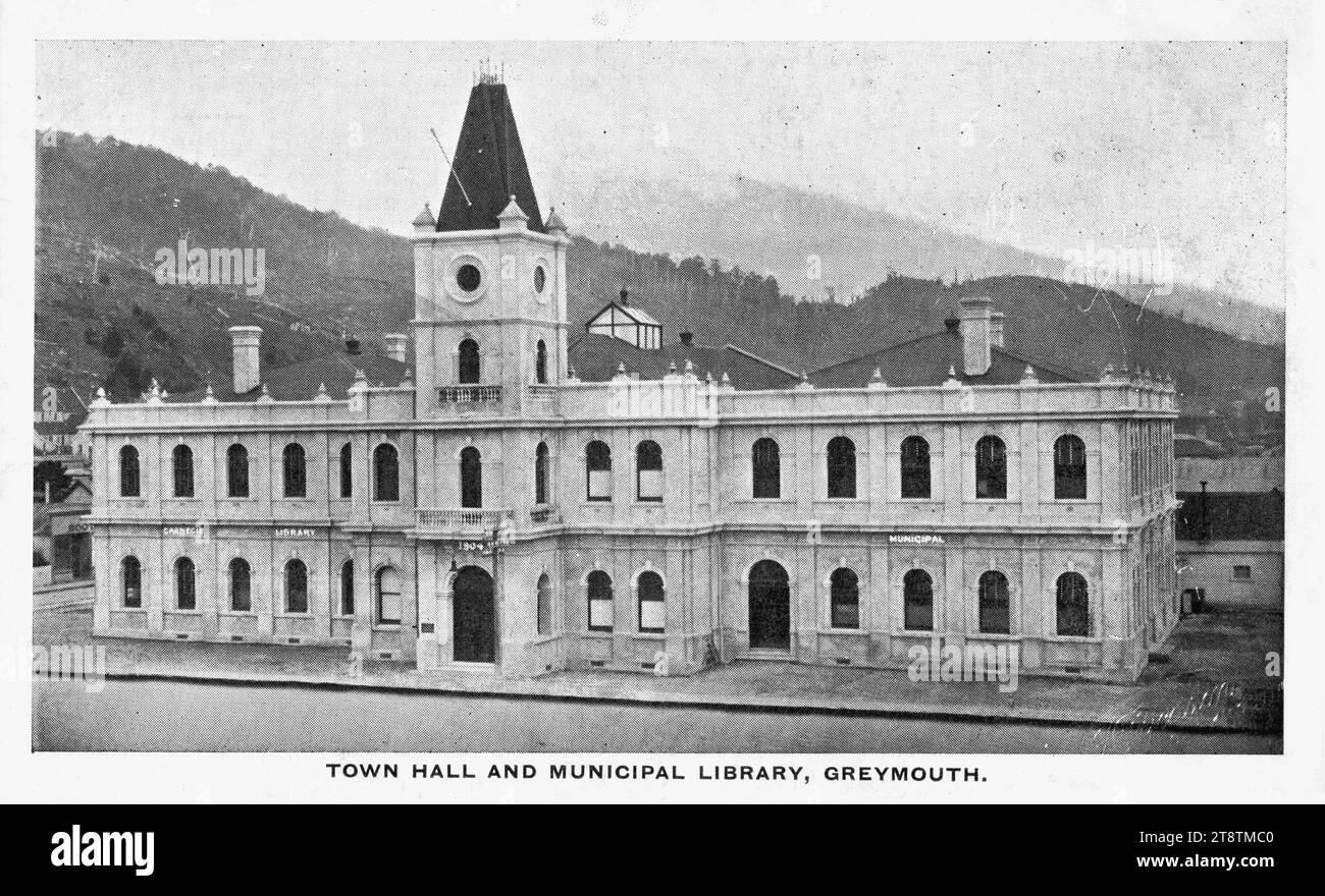 Postcard. Town Hall and Municipal Library. Perkins Stationer, Greymouth ...