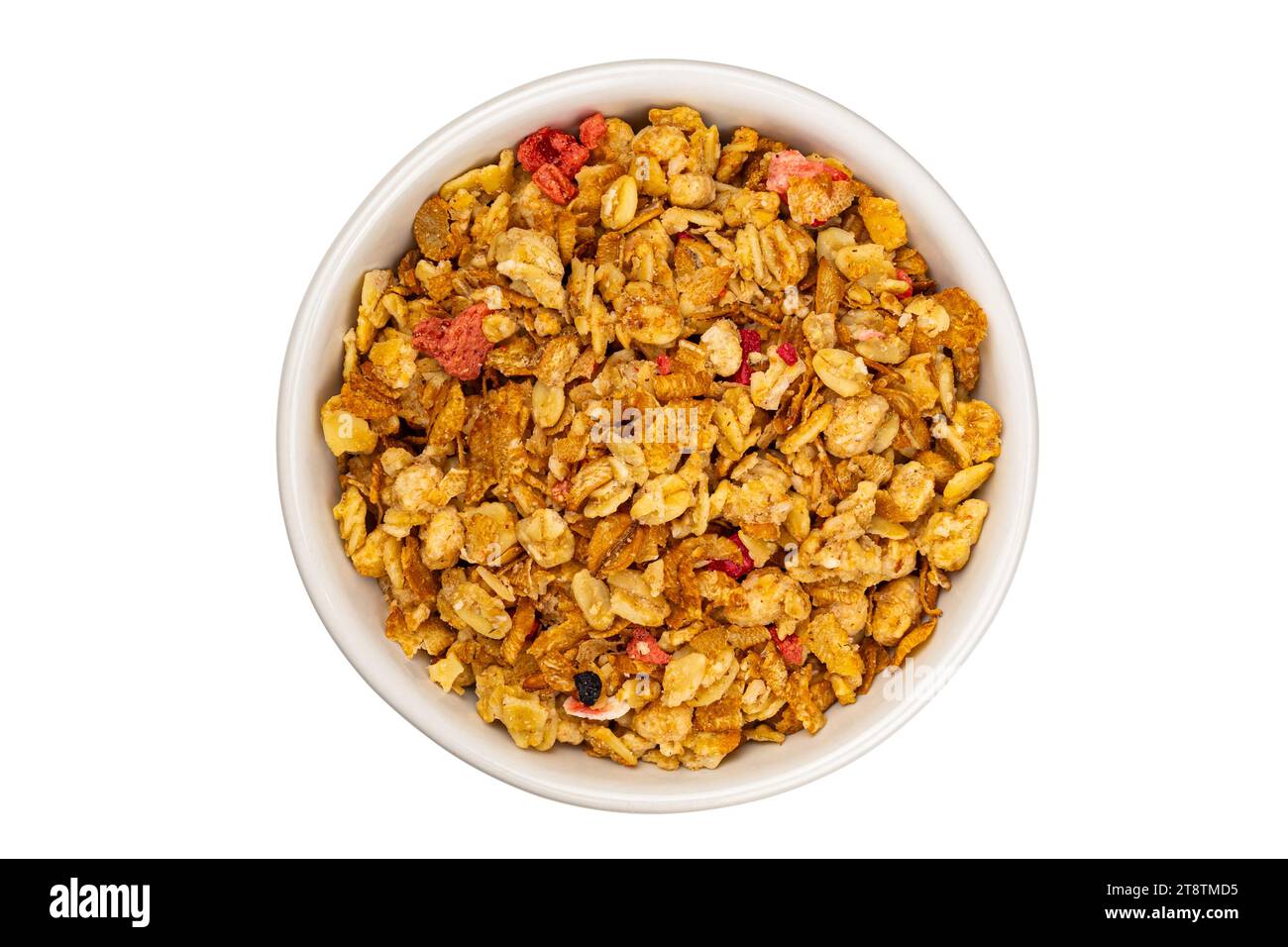 Top view of crunchy muesli in white ceramic bowl isolated on white ...