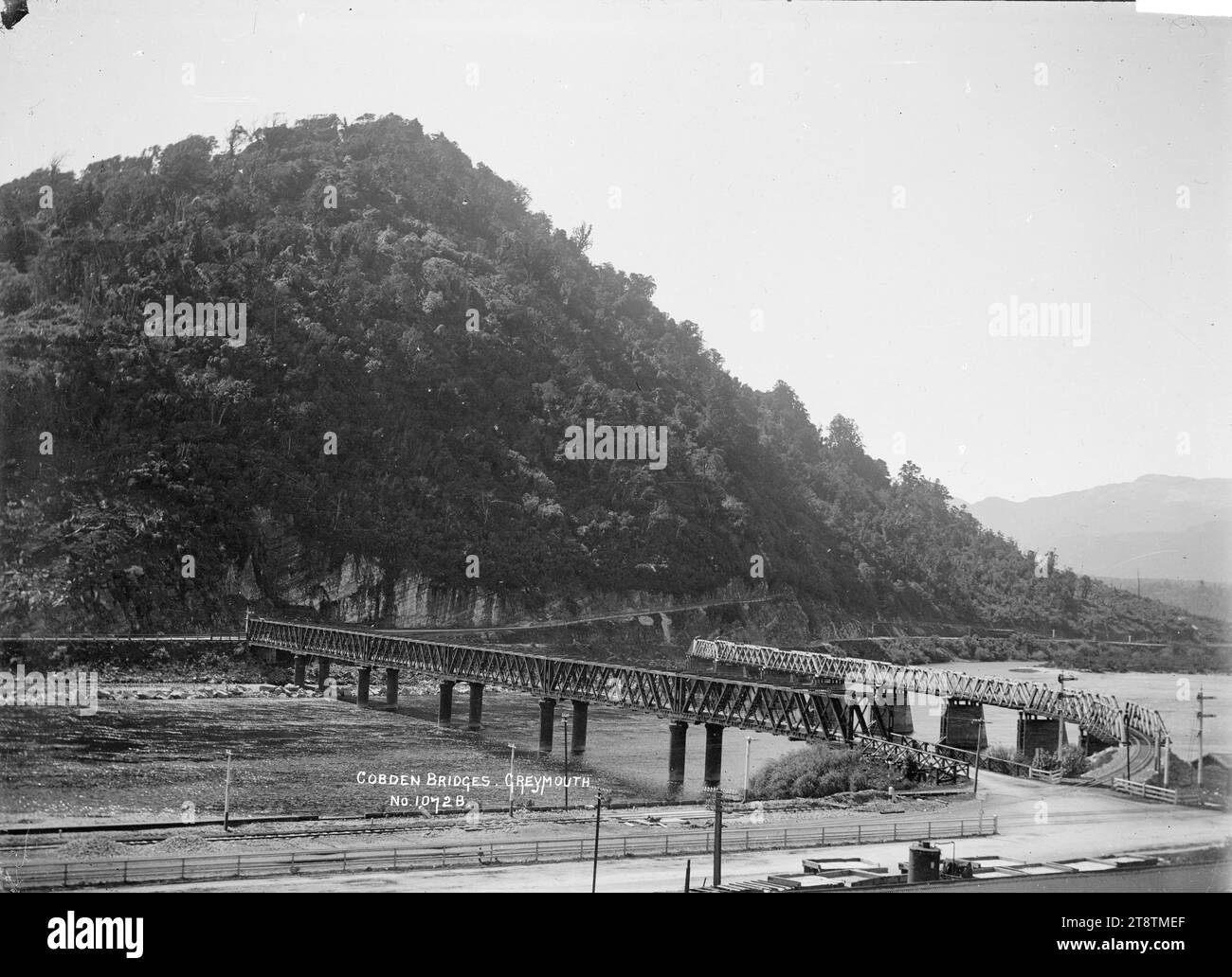 Cobden Bridges, Greymouth, View of the road and rail bridges across the ...