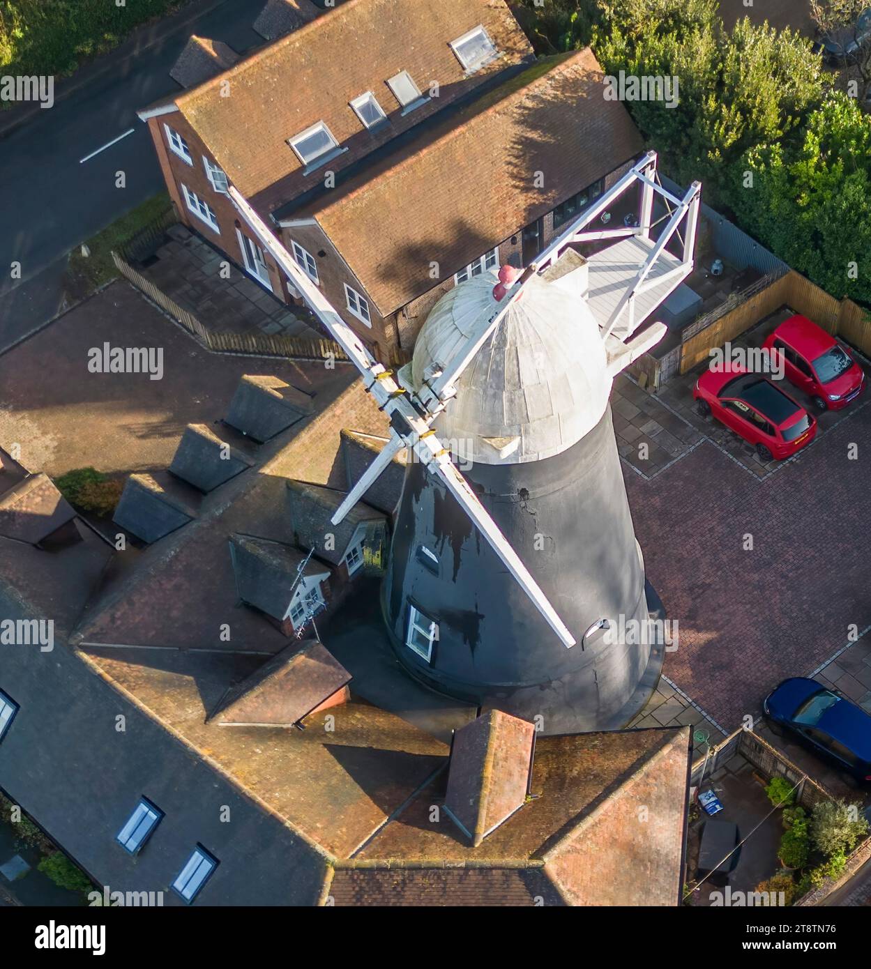 aerial view of John Bakers grade 2 listed tower mill in Barnham West ...