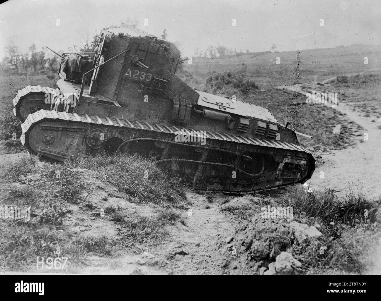 A Whippet tank crossing a trench, World War I, A close view of a ...