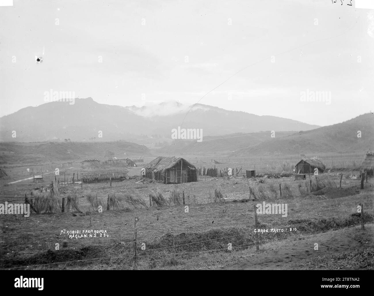 Mt Karioi from Kopua, Mt Karioi from Kopua, 1 August, 1910. Maori whare ...