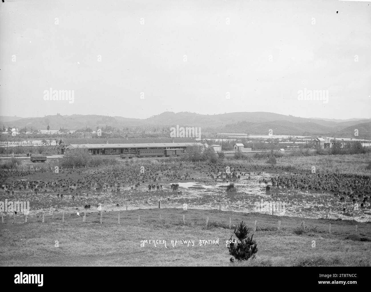 Railway station at Mercer, View looking across a swamp to the railway ...