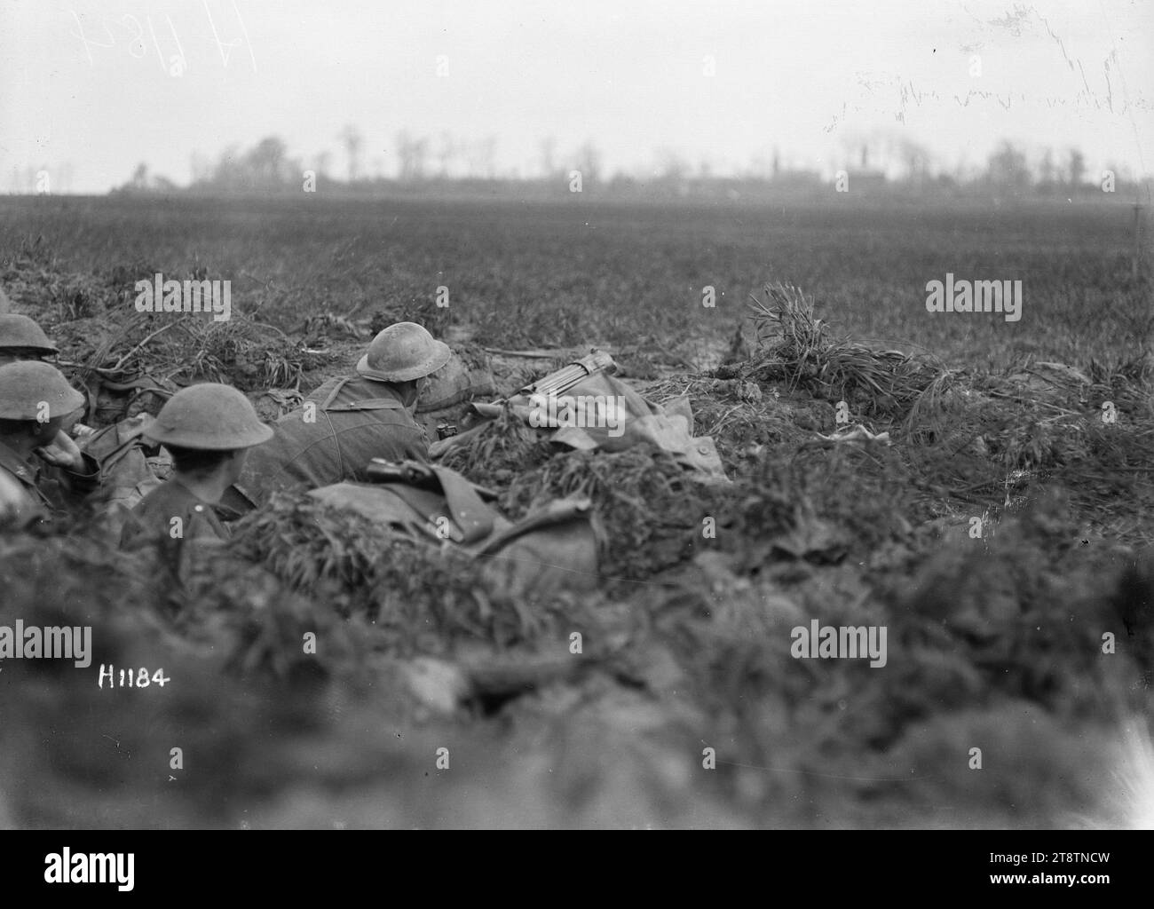 New Zealand troops in a machine gun post on the Somme, France, during ...