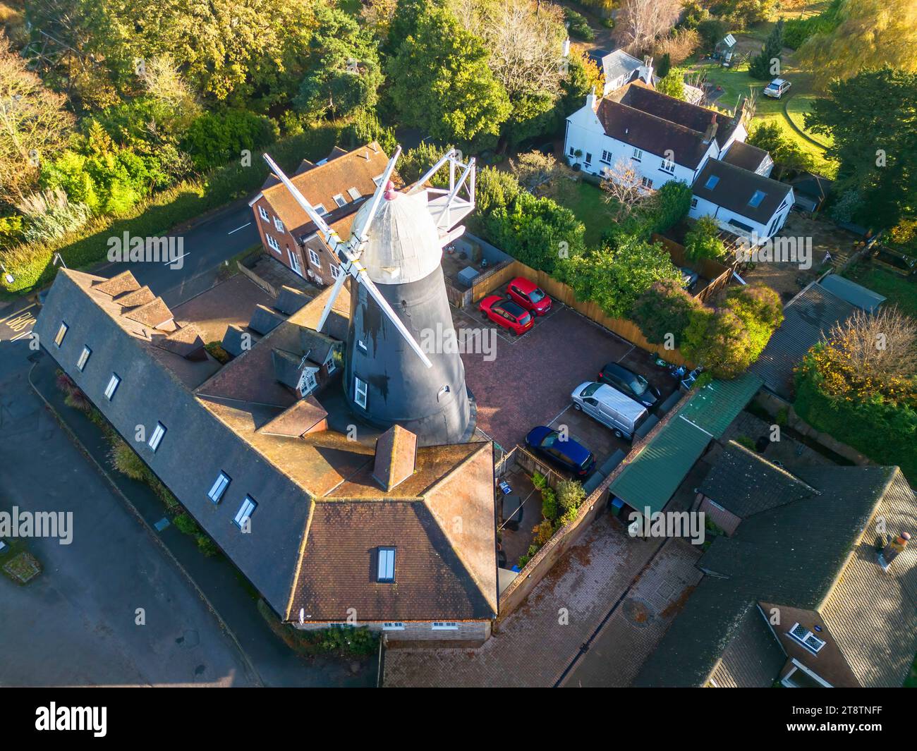 aerial view of John Bakers grade 2 listed tower mill in Barnham West ...