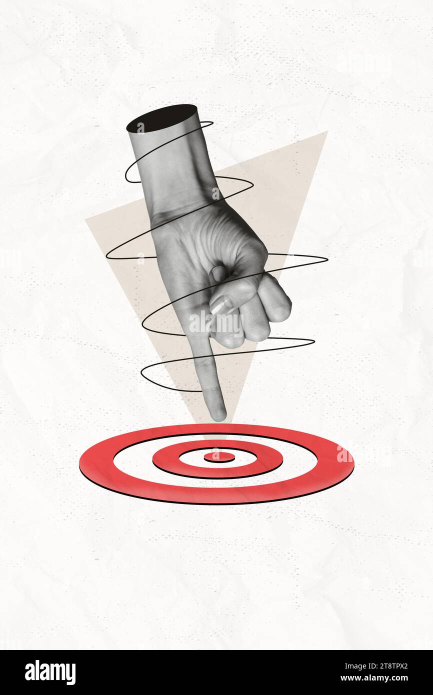 Artwork magazine collage picture of arm finger pressing red target ...