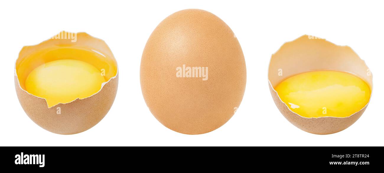 Eggs whole and cracked with yolk inside, isolated on white background ...