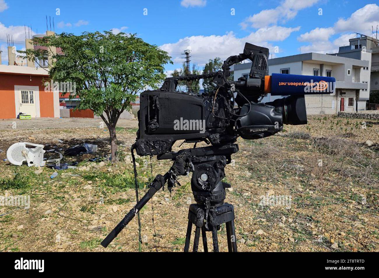 The damaged camera of pan-Arab TV network Al-Mayadeen cameraman Rabih ...