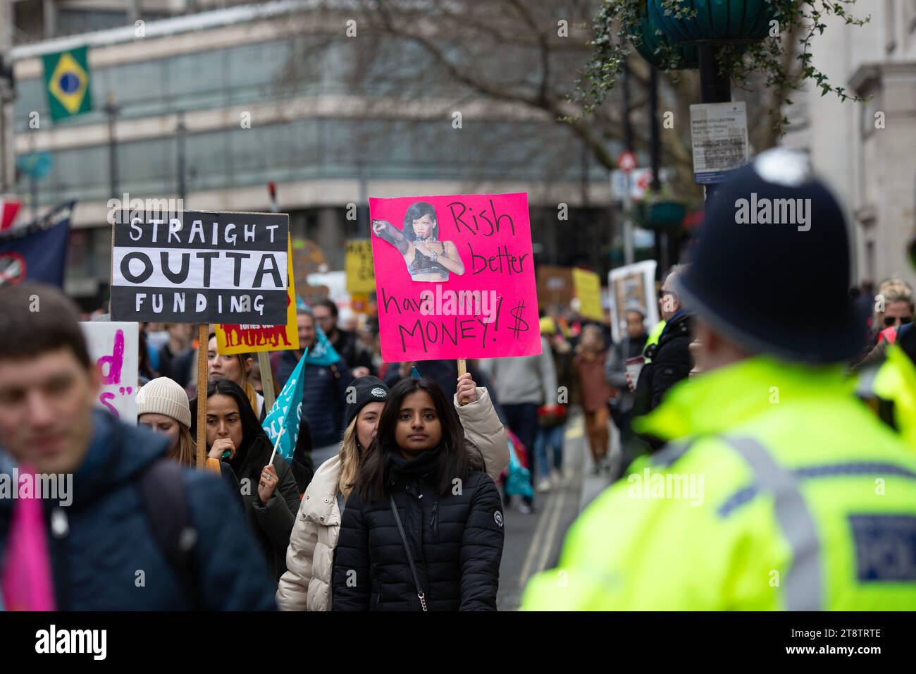 Placards are held during a march and rally called by the NEU (National ...