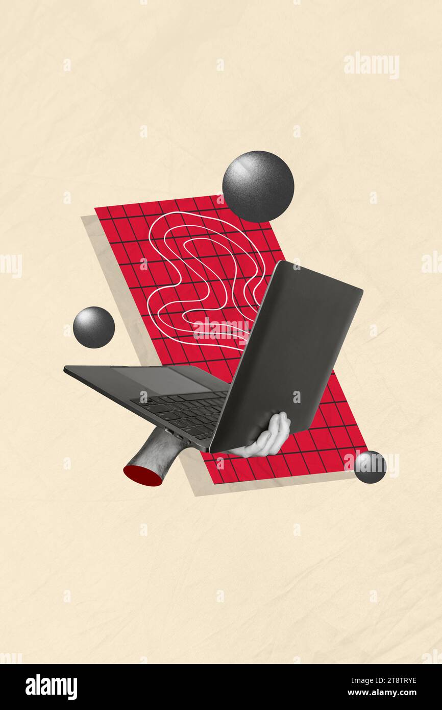 Vertical creative photo composite collage of hand hold laptop serching ...