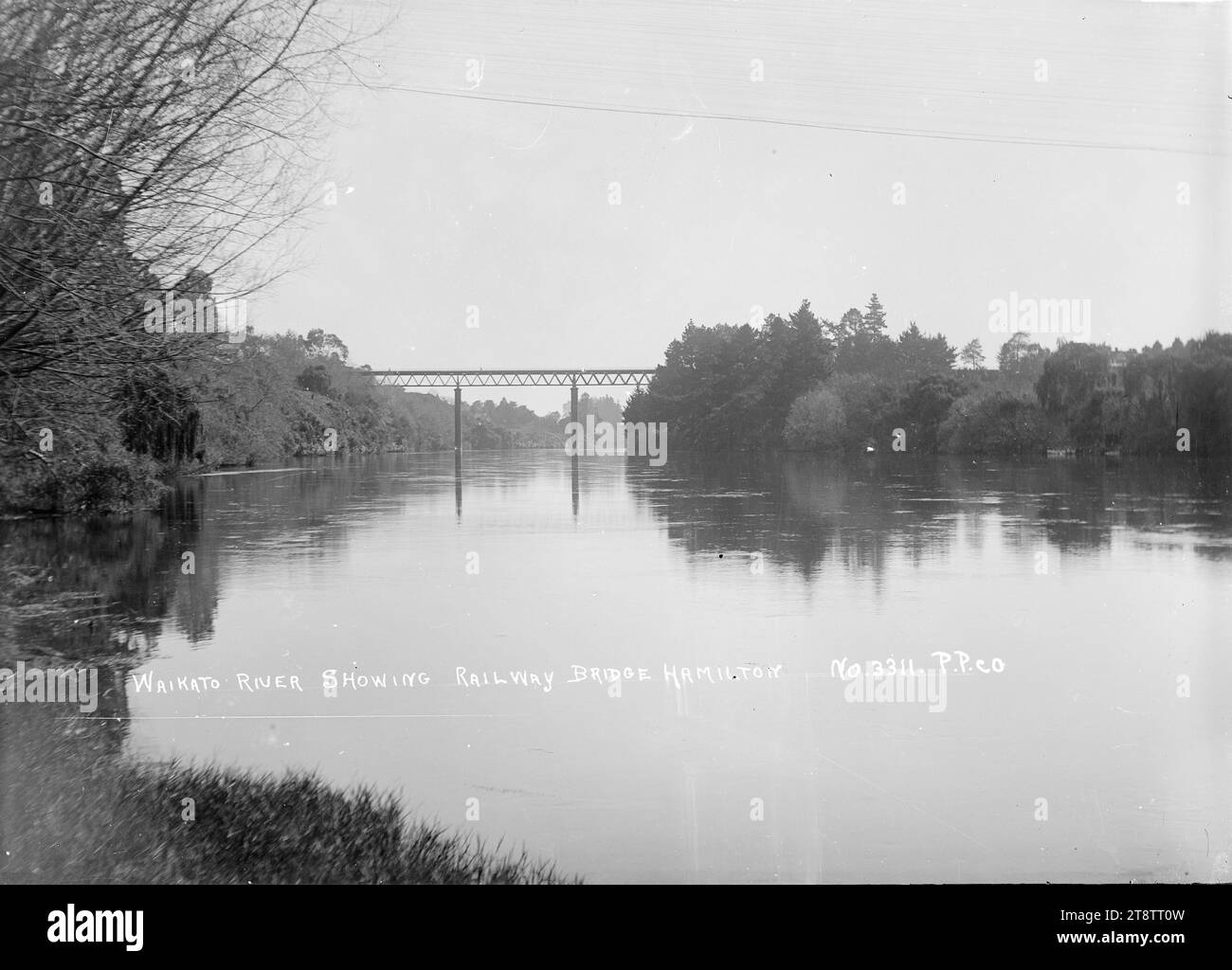 Waikato River at Hamilton, showing the railway bridge, circa 1910s ...