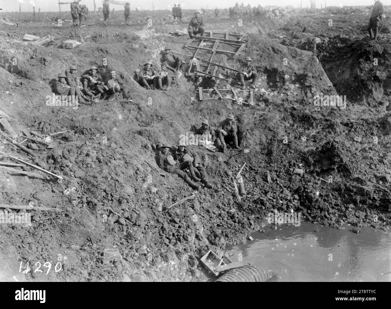 World War I New Zealand Engineers resting in a large shell hole at ...