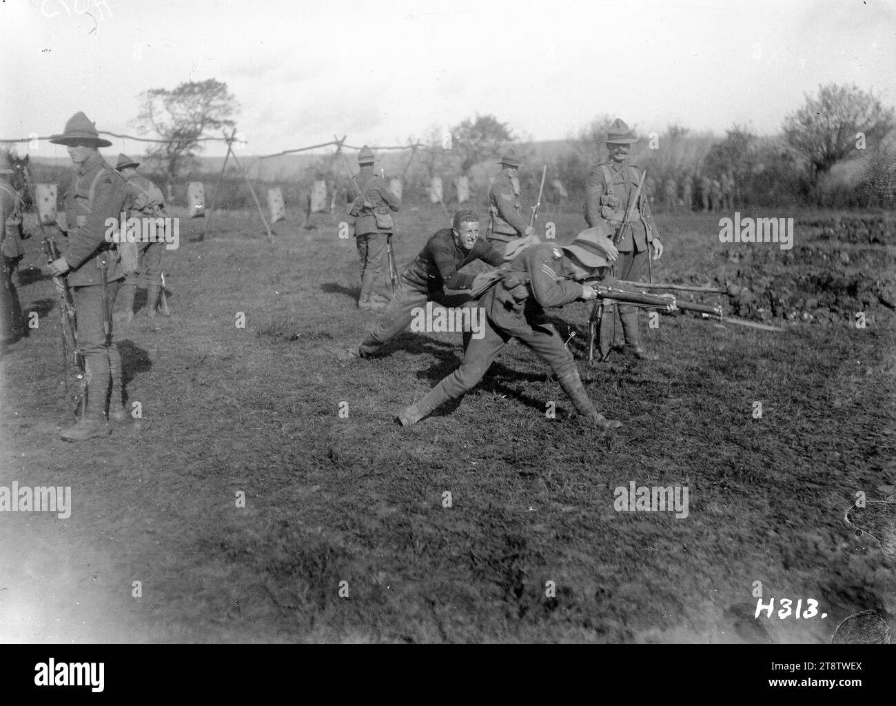Bayonet practice for New Zealand troops in World War I, An instructor ...