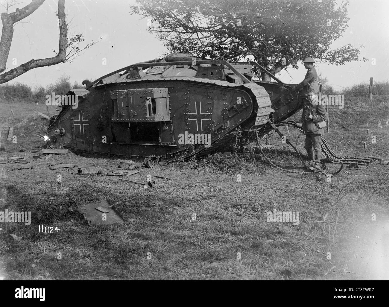 A World War I recaptured tank, Pont-a-Pierre, France, A German tank ...