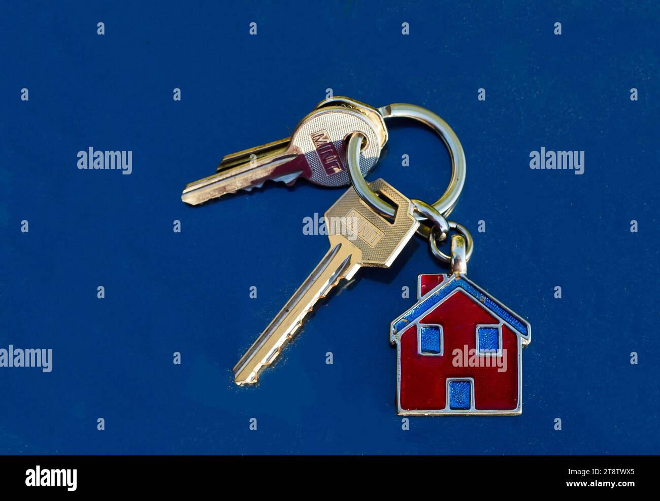 House keys on key ring with house picture on fob Stock Photo - Alamy