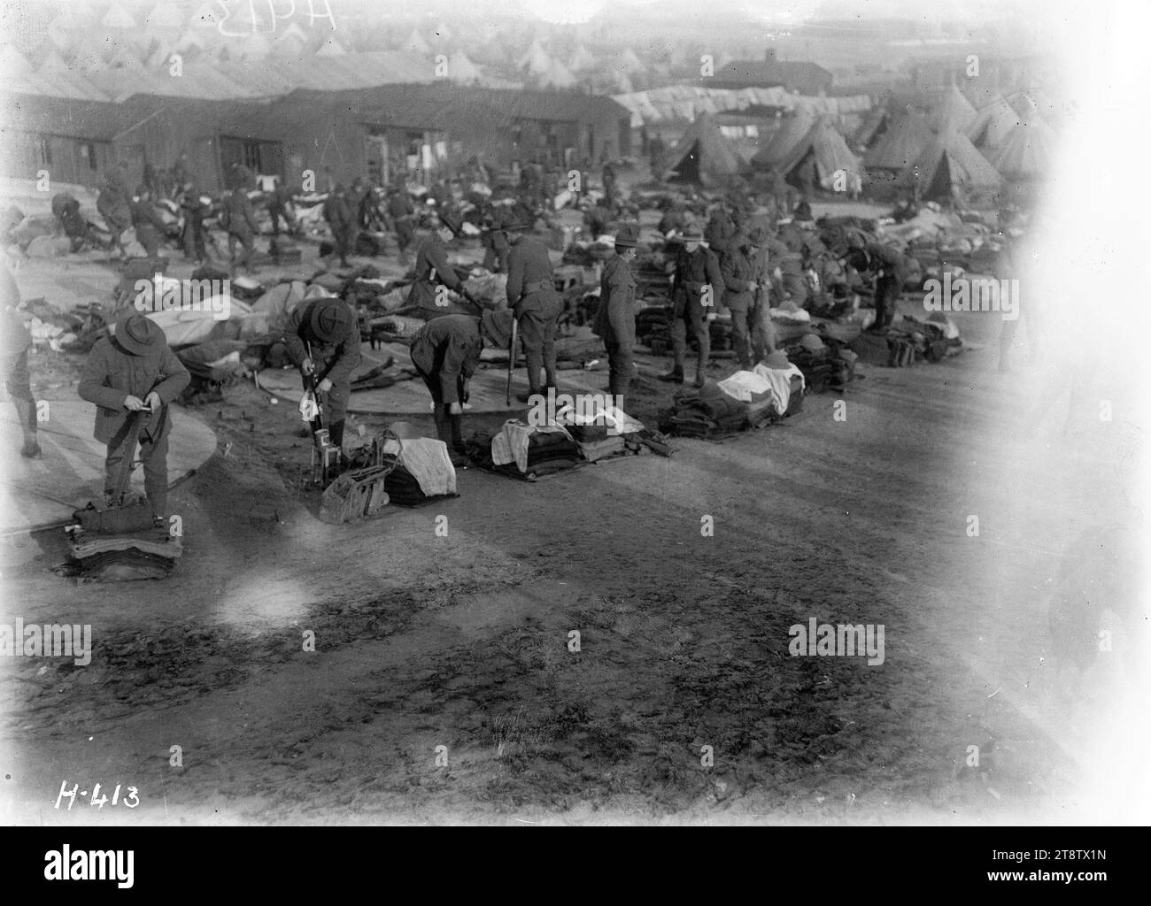 Preparing for inspection of kits and tents, France, New Zealand ...