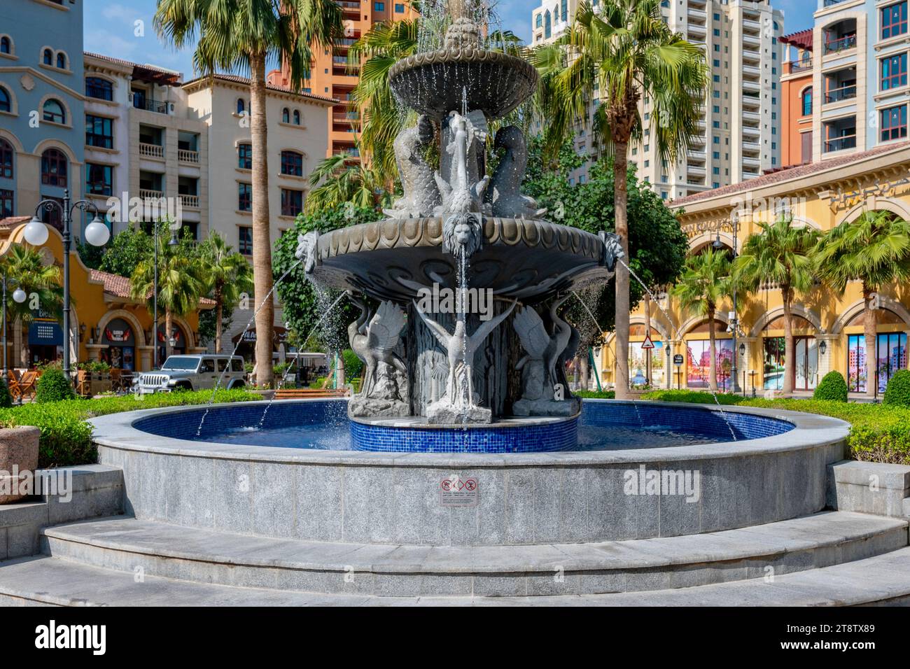 Public square with water fountain on the Medina Centrale Pearl Qatar ...