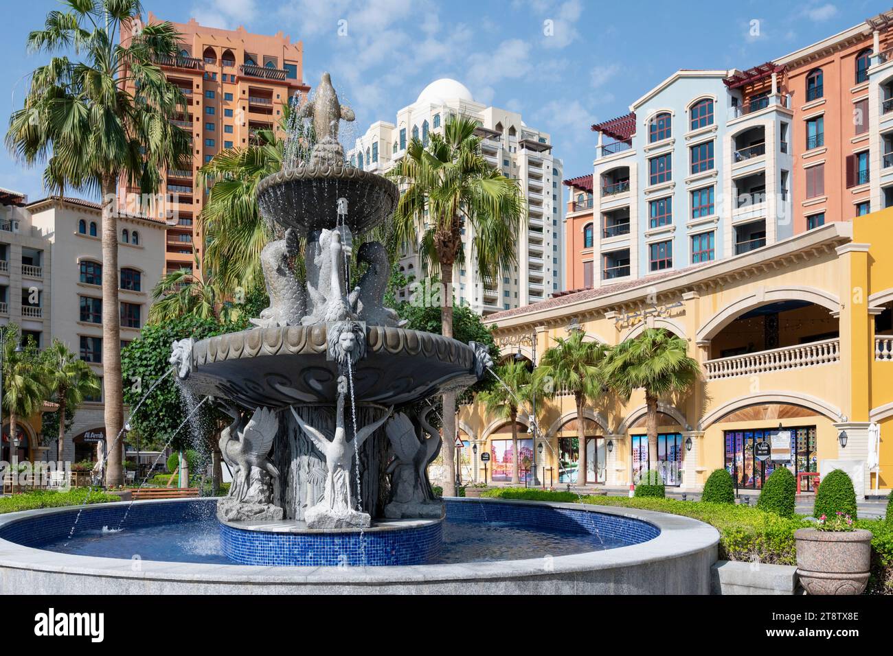 Public square with water fountain on the Medina Centrale Pearl Qatar ...