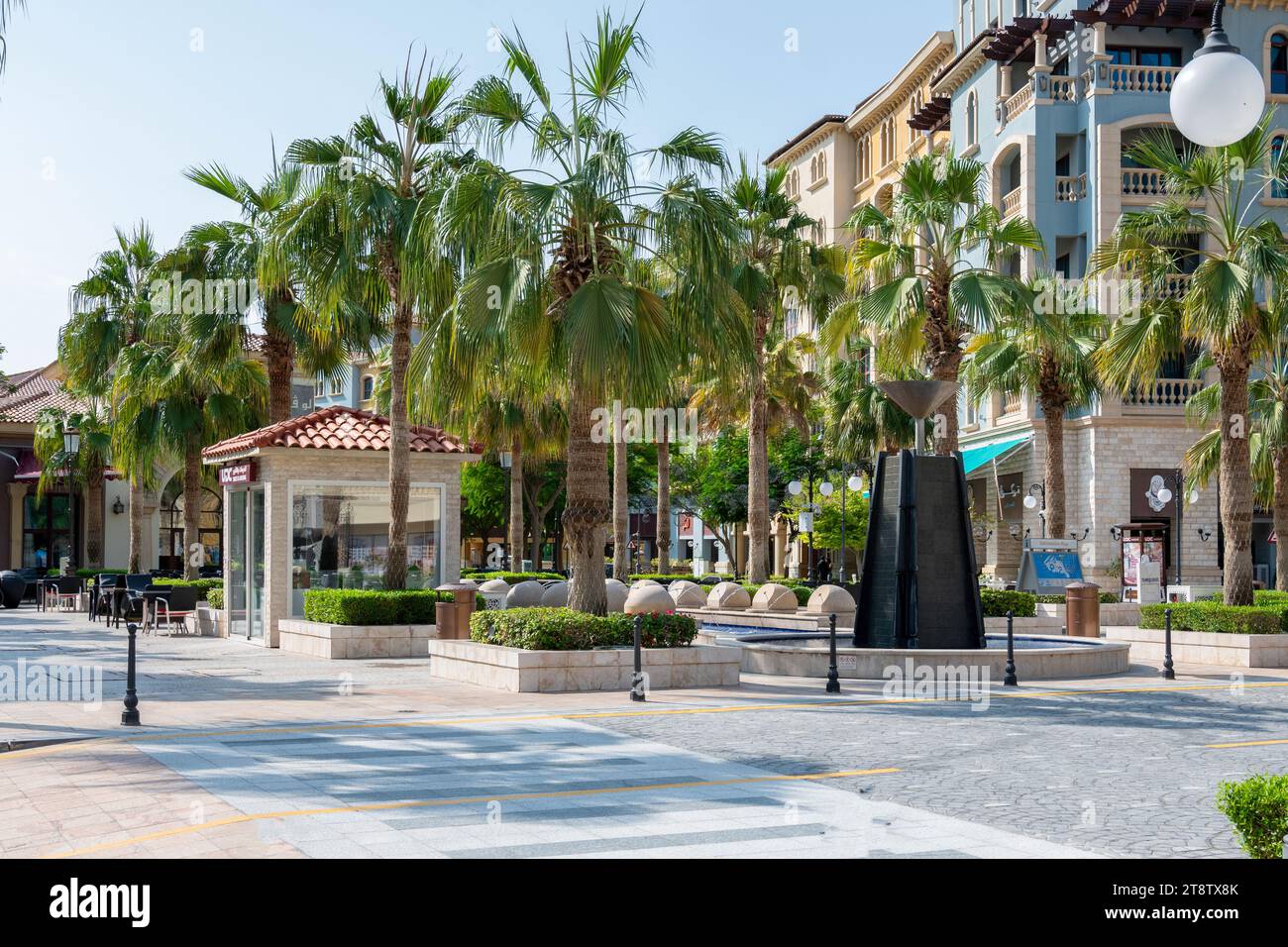 Public square with water fountain on the Medina Centrale Pearl Qatar ...